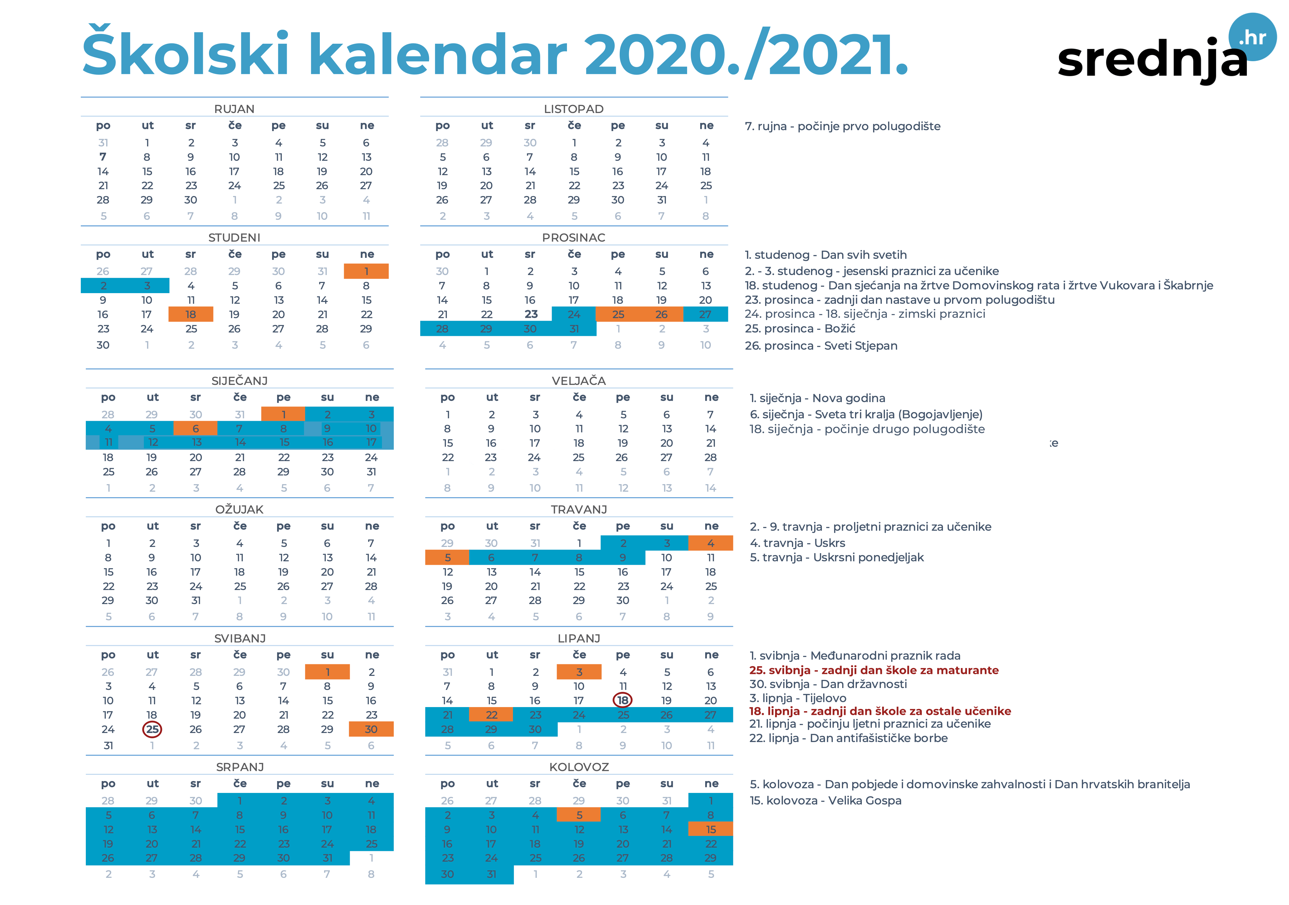 Školski kalendar 2020./2021. – GIMNAZIJA ANTUNA VRANČIĆA